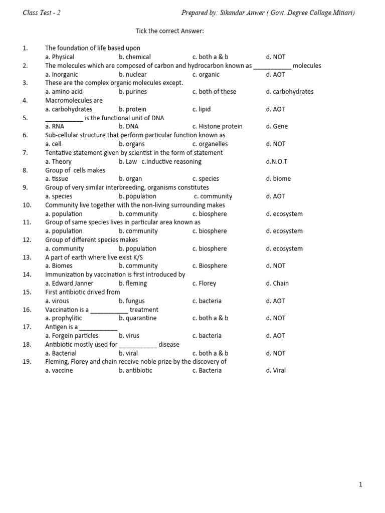Class Test 2 Entry Test 2023 | PDF | Virus | Bacteria