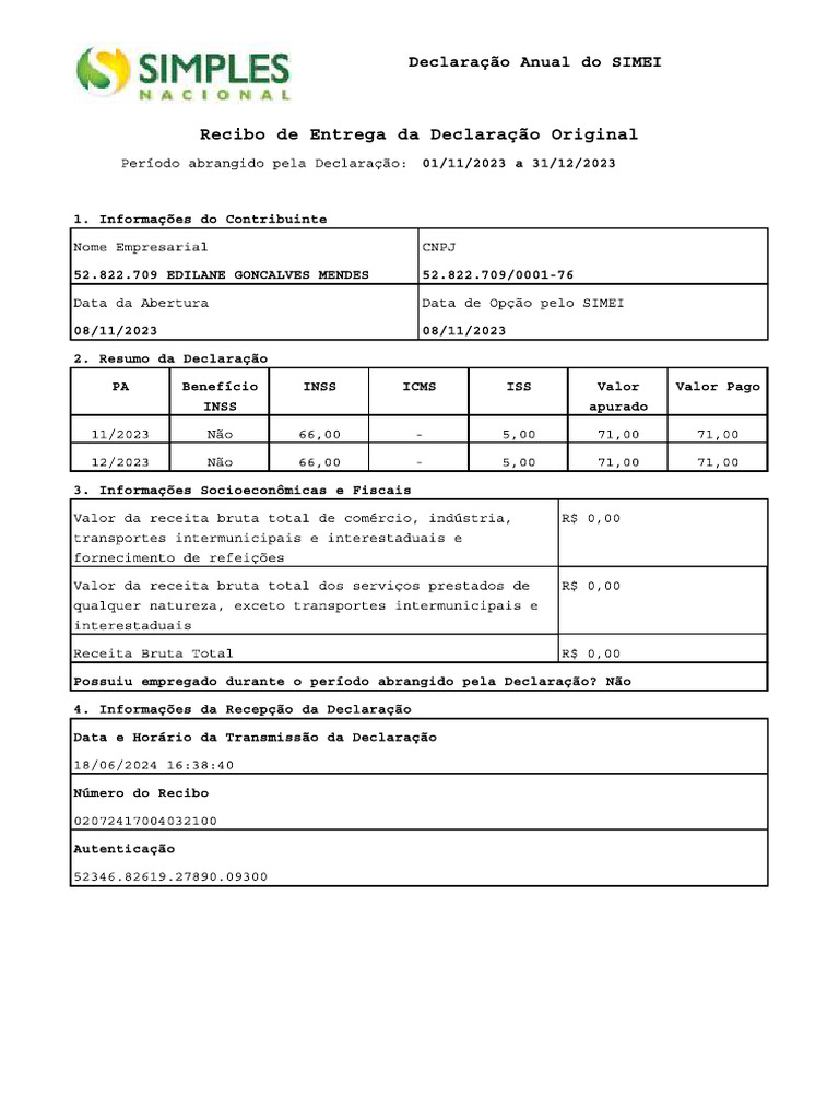Declaração Anual Do Simei - Edilane | PDF