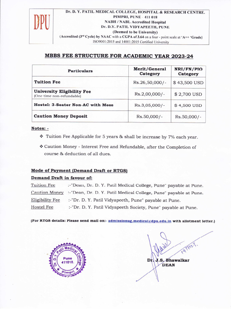 MBBS Fee Structure For Academic Year 2023 24 | PDF
