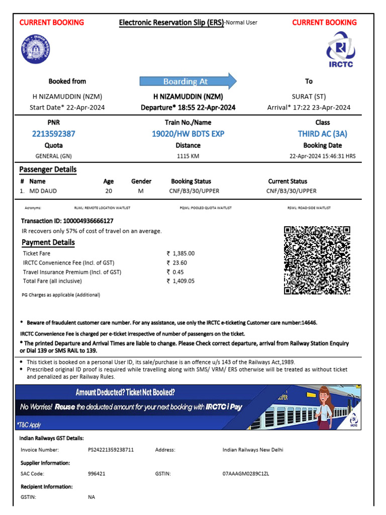 19020/HW BDTS EXP Third Ac (3A) | PDF | Identity Document