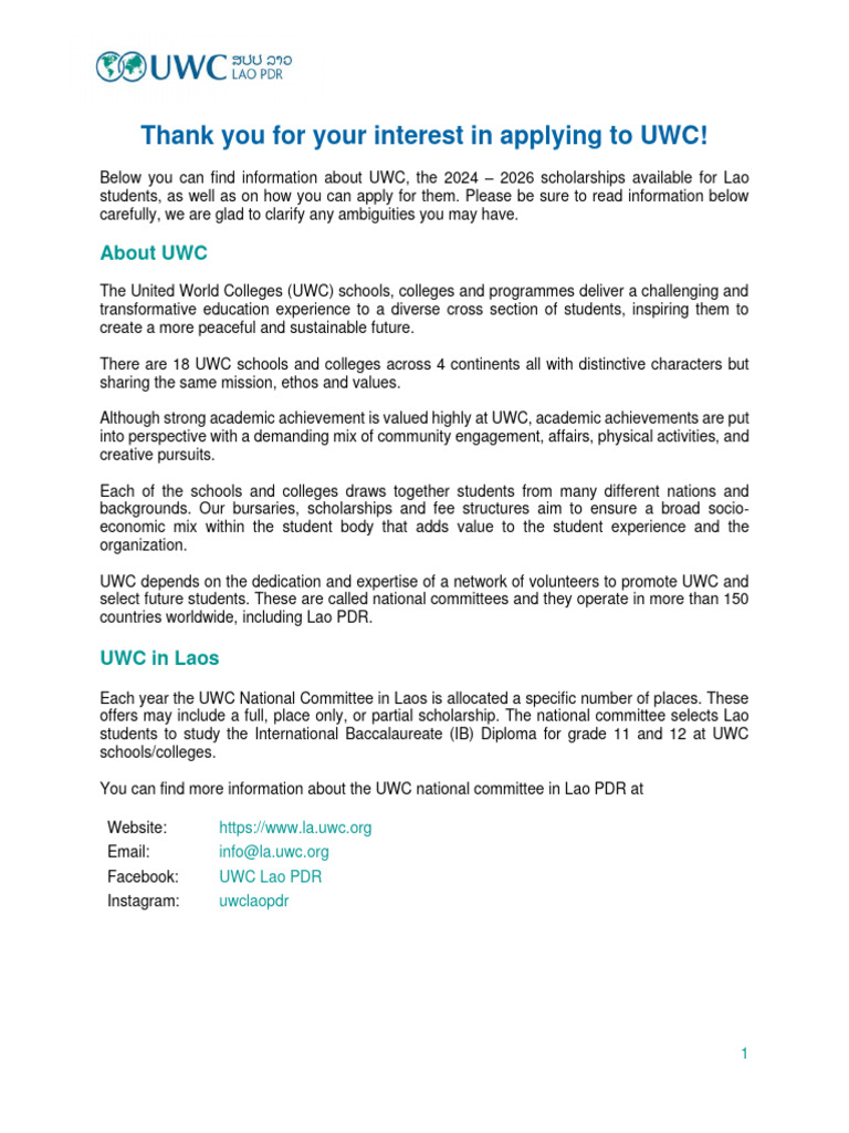 UWC Lao PDR Application 2024-2026 | PDF