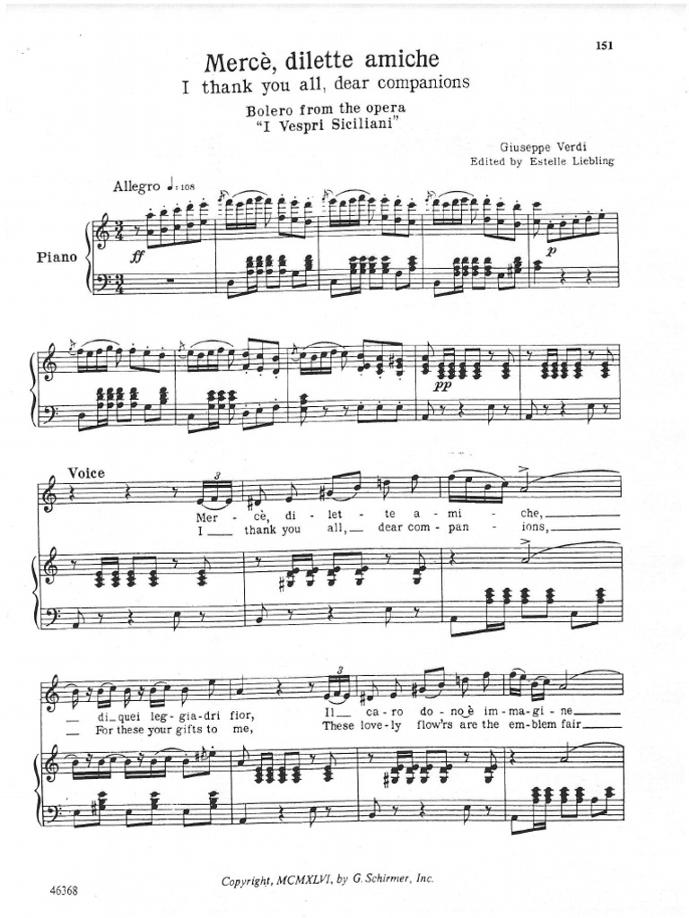 Sheet Music - Opera - Verdi - I Vespri Siciliani - Merce, Dilette ...