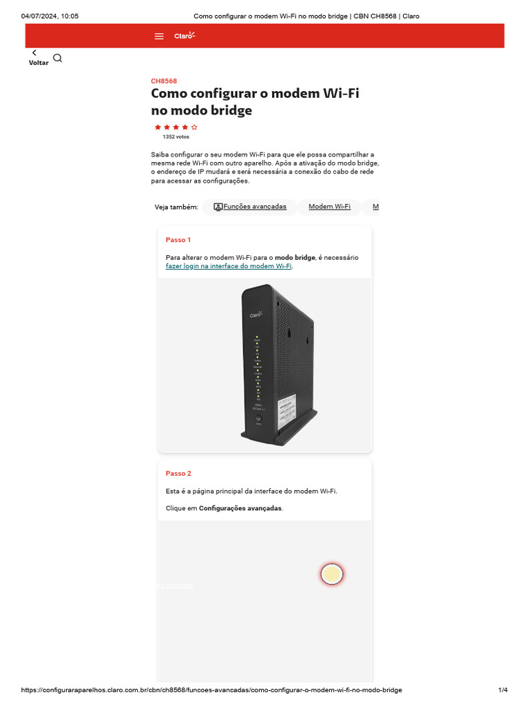 Como Configurar o Modem Wi-Fi No Modo Bridge - CBN CH8568 - Claro | PDF ...