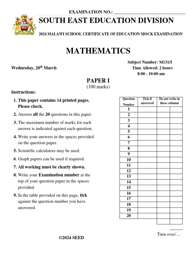 Mathematics I 2024 Seed Msce Mock | PDF | Circle | Mathematics
