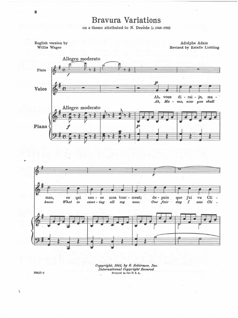 Sheet Music - Opera - Adam - Le Toreador - Ah, Vous Diraije - Bravura ...