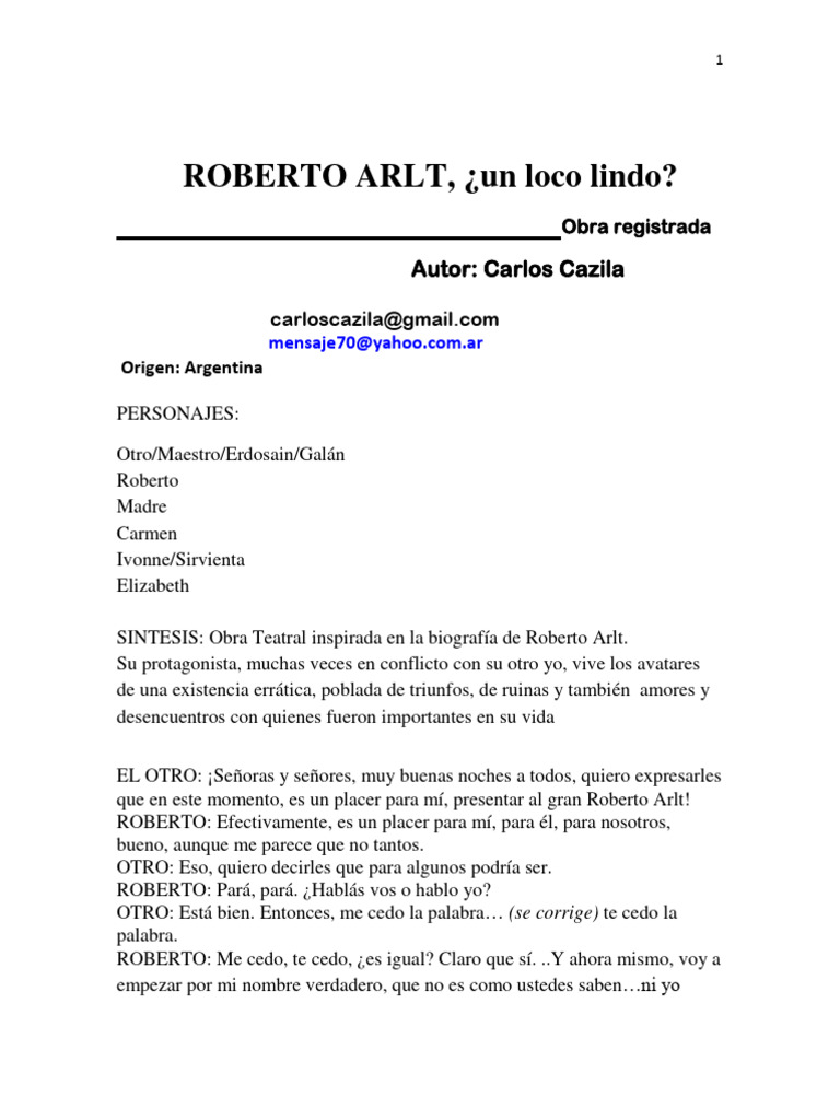 Roberto Arlt, ¿Un Loco Lindo (2H-4M) | PDF | Amor