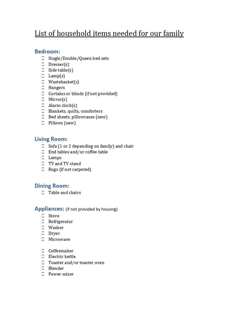 In Kind Household Items List | PDF | Tableware | Spoon