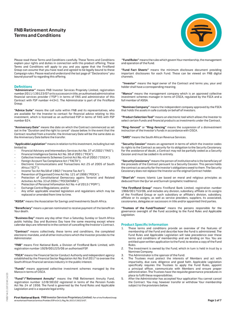 FNB Retirement Annuity Terms and Conditions | PDF | Investing | Life ...