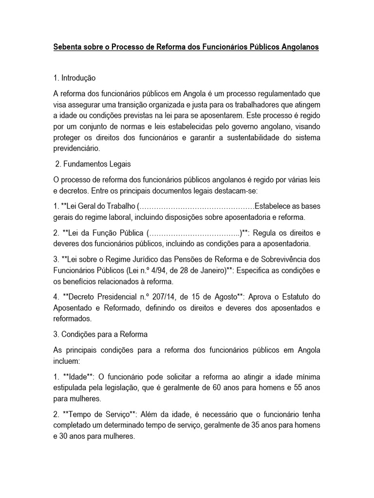 Sebenta Sobre o Processo de Reforma Dos Funcionários Públicos Angolanos ...