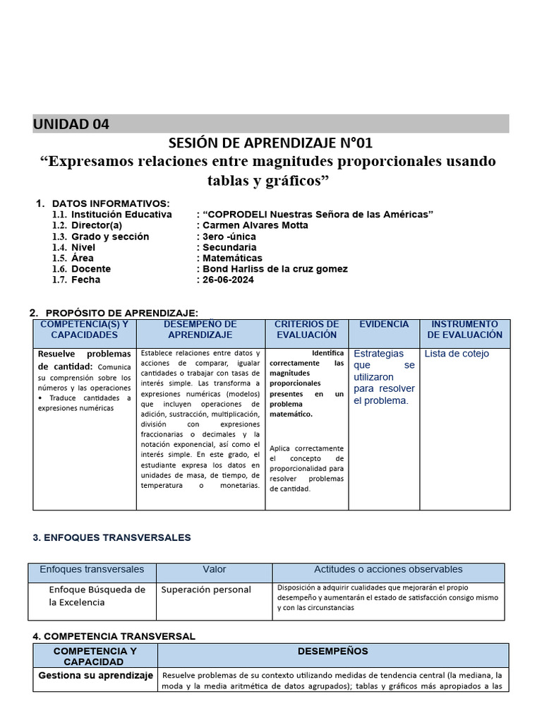 SESION DE APRENDIZAJE (4) 1 de Tercero | PDF | Aprendizaje | Matemáticas