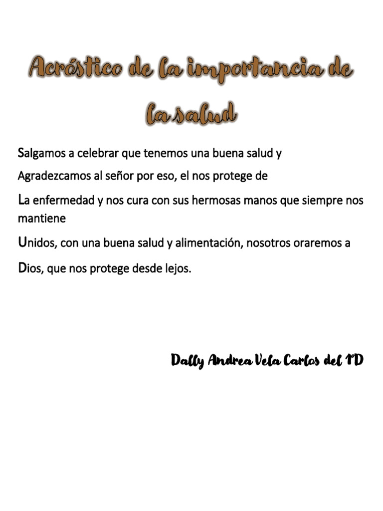 Acróstico de la importancia de la salud-dally andrea vela carlos del 1 ...