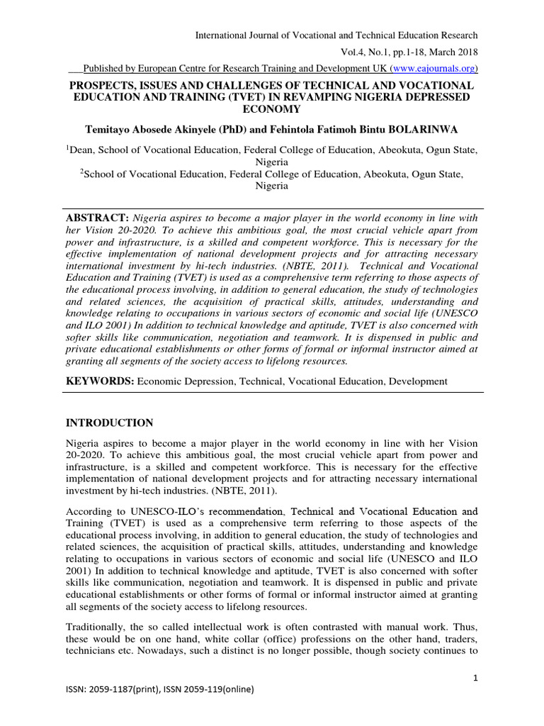 Prospects Issues and Challenges of Technical and Vocational Education and Training TVET in ...