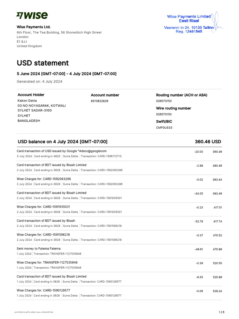 Wise USD Statement Summary | PDF | Business | Banking Technology