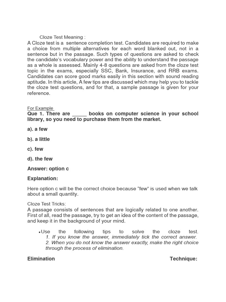 Cloze Test Meaning:: For Example | PDF | Watt | Linguistics