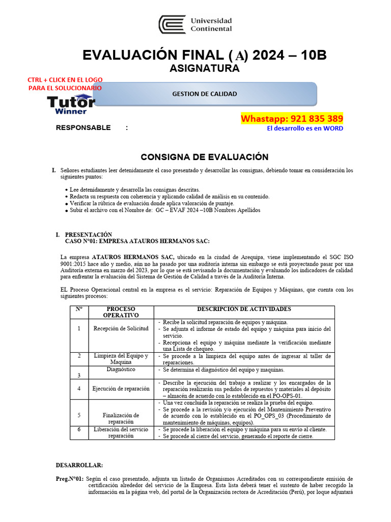 TW Ev Final Gestion de Calidad A 2024 10b | PDF | Sistema de manejo de calidad | Estadísticas
