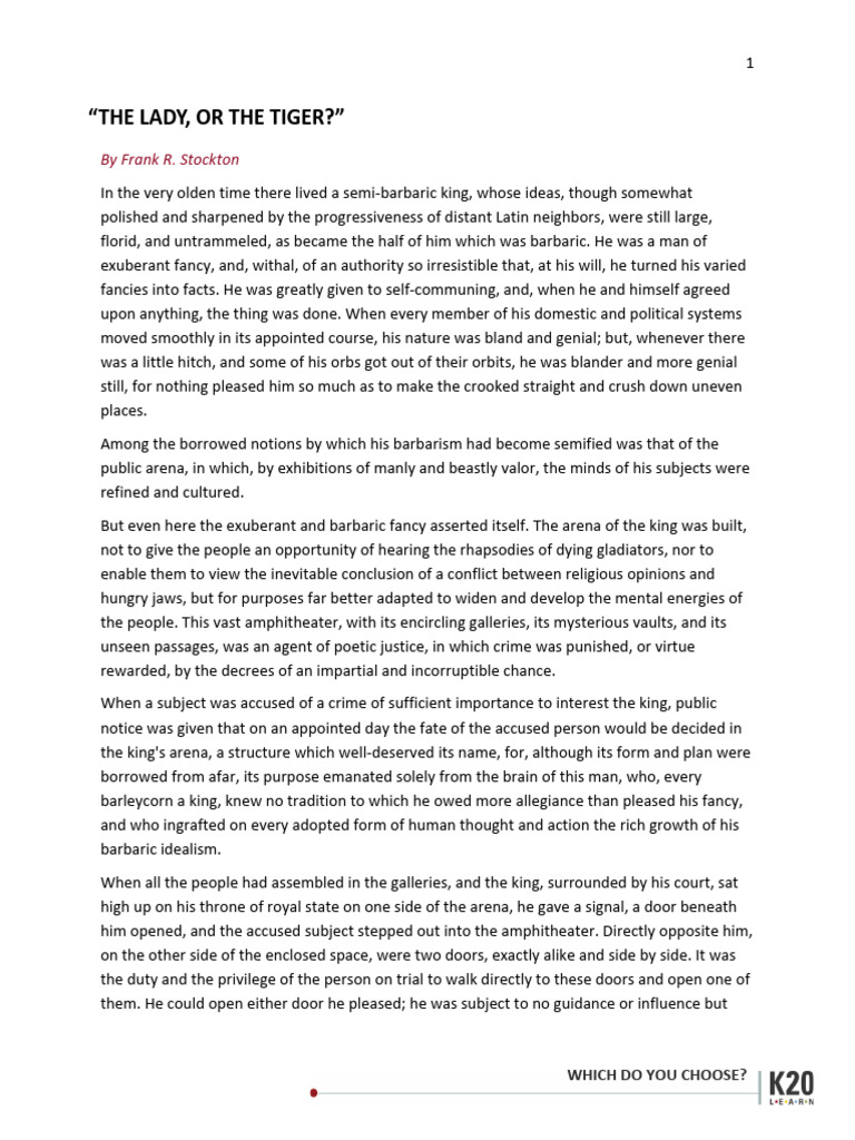 The Lady or the Tiger—Which Do You Choose | PDF