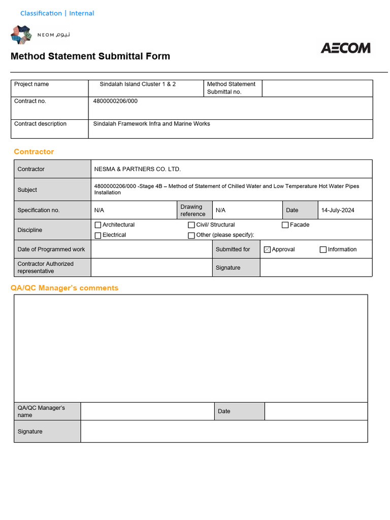CHW & LTHW Installation - R1 - Method of Statement | PDF | Pipe (Fluid ...