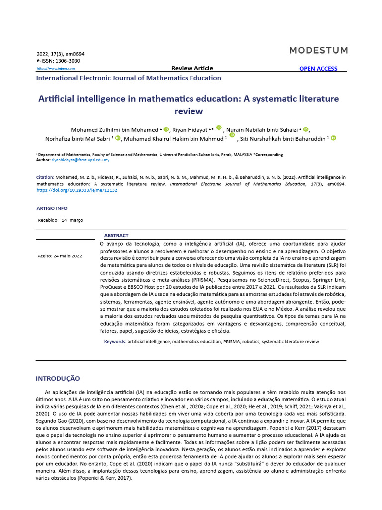 Artificial Intelligence in Mathematics Education A Systematic Literature Review 12132 - Trad ...
