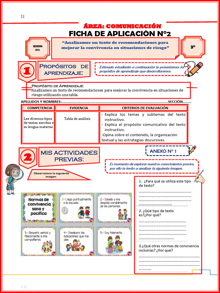 3° Ficha de Aplicación-Sesión2-Sem.1-Exp.1-Comu | PDF | Aprendizaje | Cognición