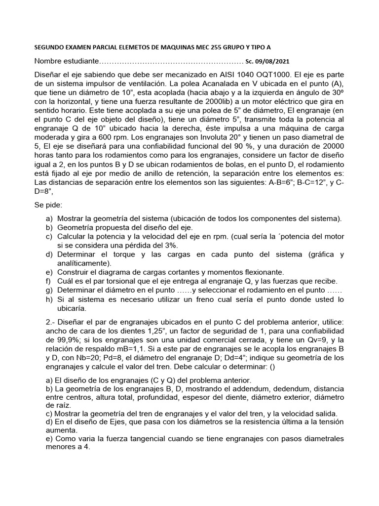 Segundo Parcial Grupo y Tipo A | PDF | Engranaje | Eje