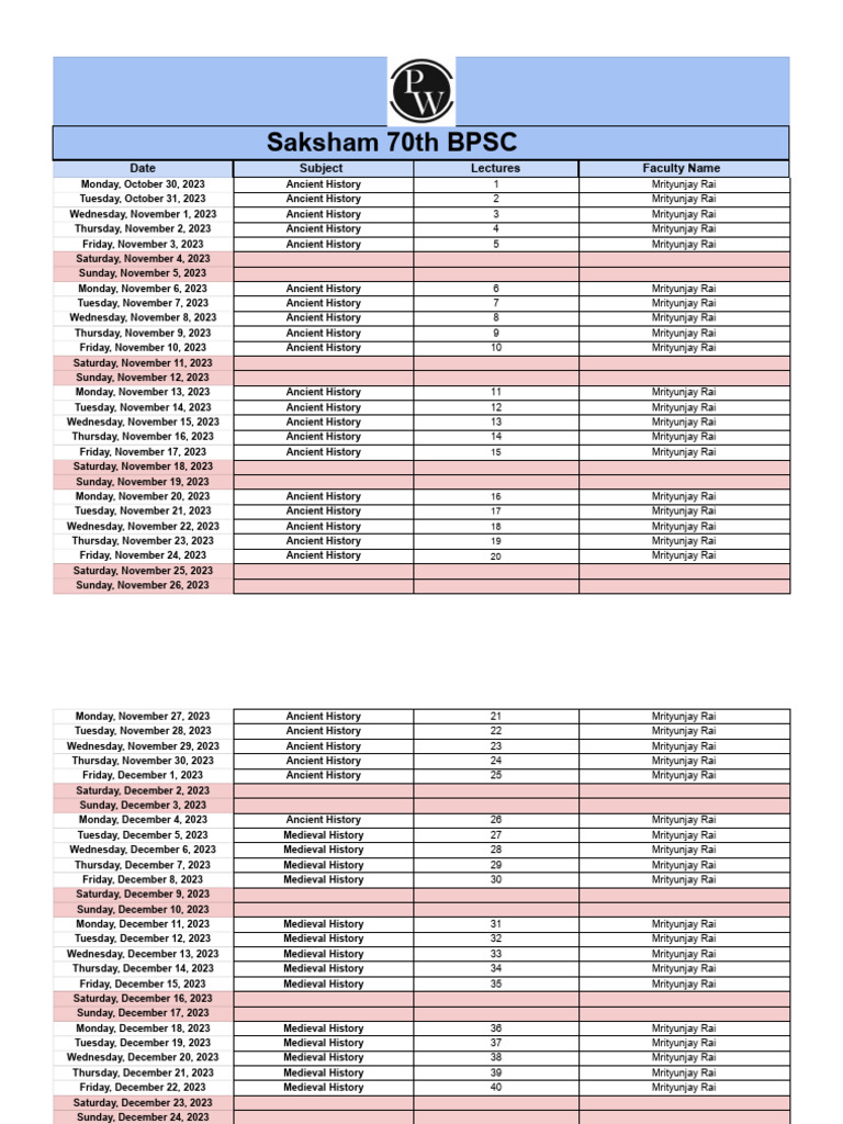 Saksham 70th BPSC: Date Subject Lectures Faculty Name | PDF