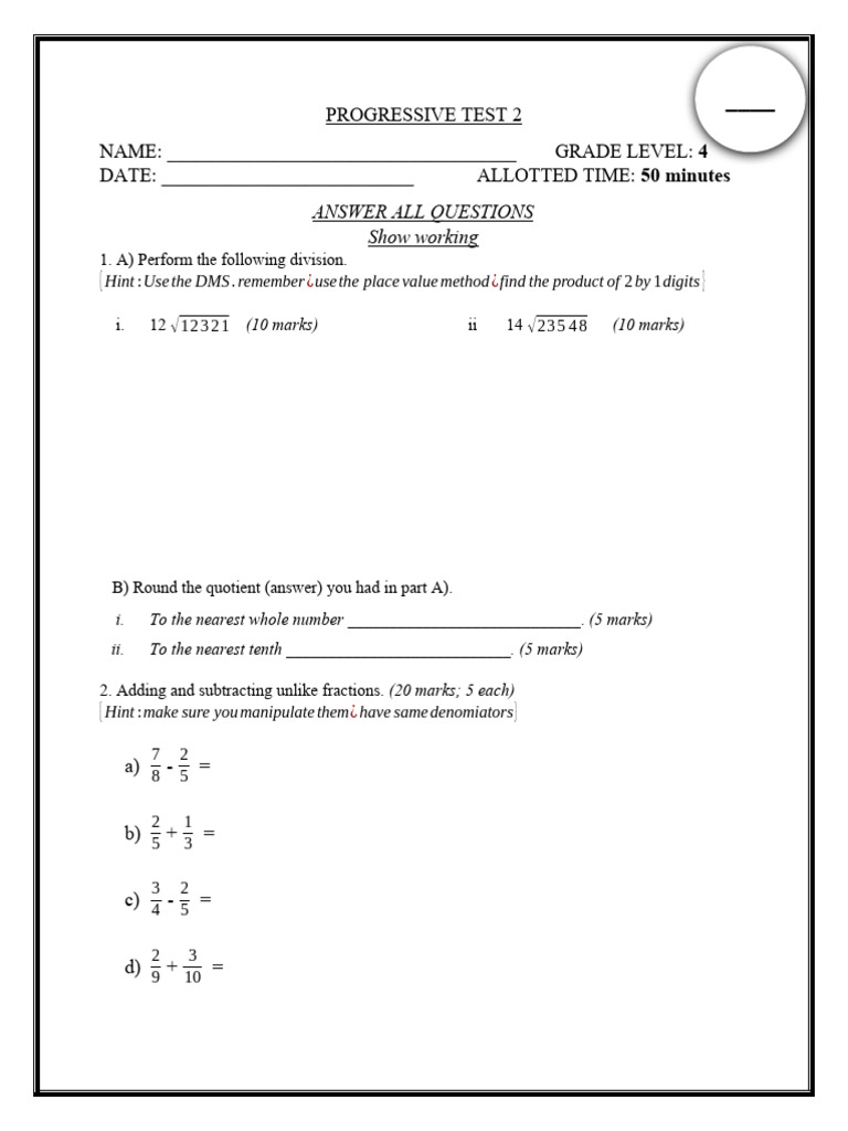 PROGRESSIVE TEST 1 Grade 4 | PDF | Numbers | Lexicology
