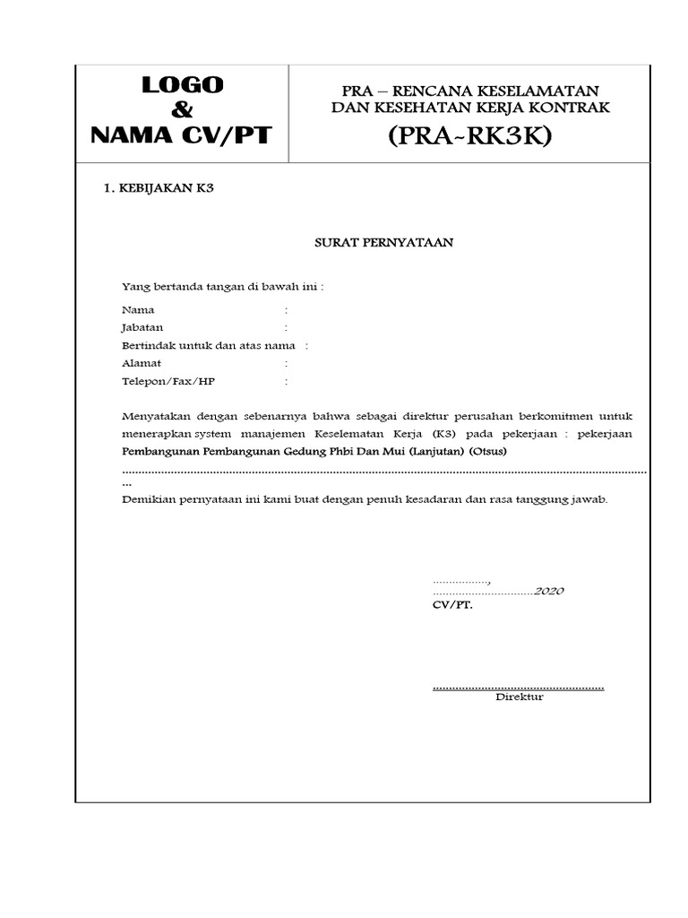 (PRA-RK3K) : Pra - Rencana Keselamatan Dan Kesehatan Kerja Kontrak | PDF