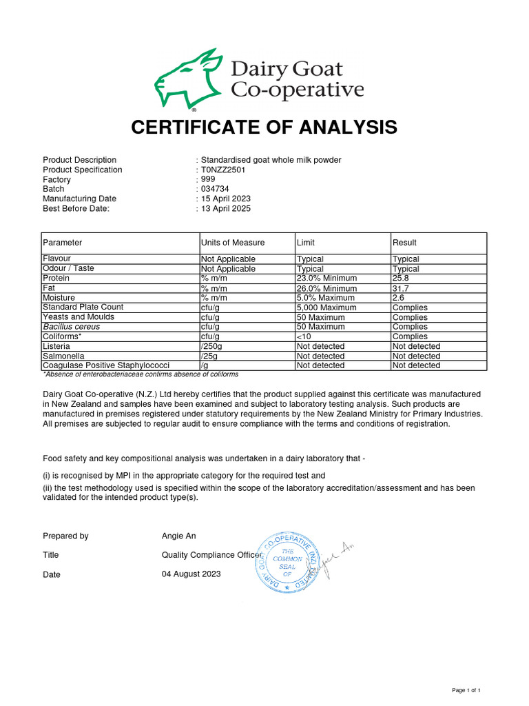 Goat Whole Milk Powder Certificate | PDF | Wellness | Science & Mathematics