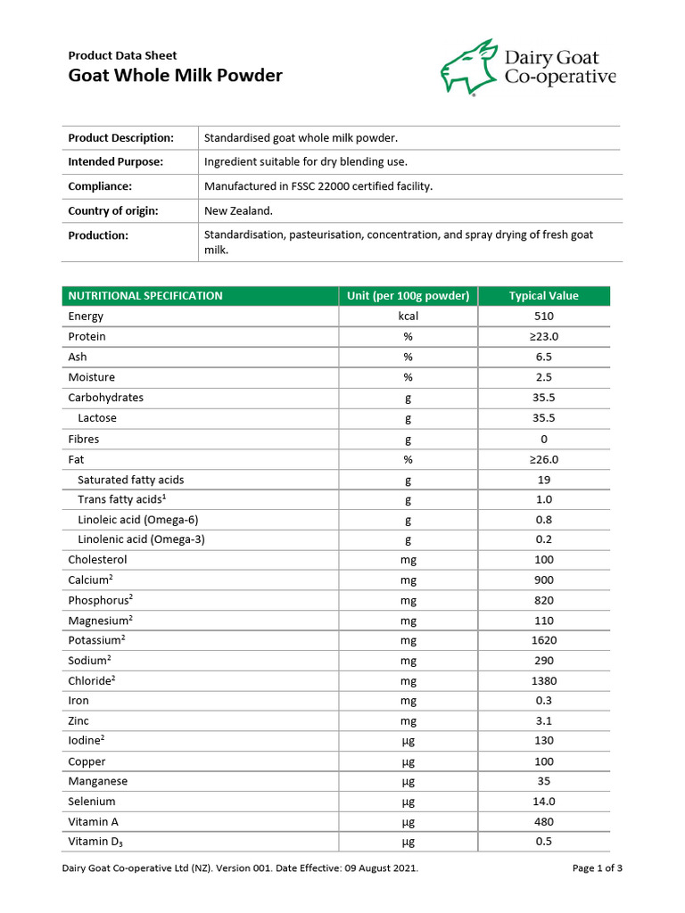 Product Data Sheet - Goat Whole Milk Powder 2021 | Download Free PDF ...