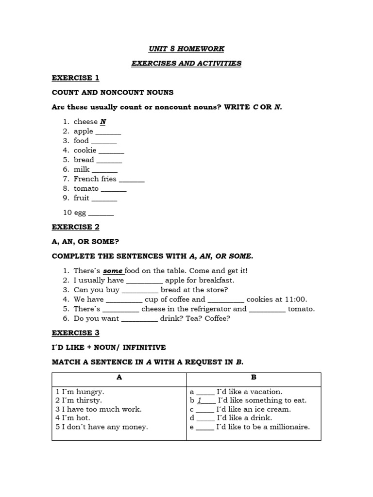 Unit 8 Homework - Exercises and Activities | PDF | Foods | Cuisine