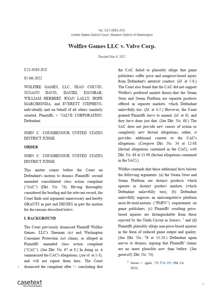 Wolfire Games LLC v. Valve Corp Case Text | PDF