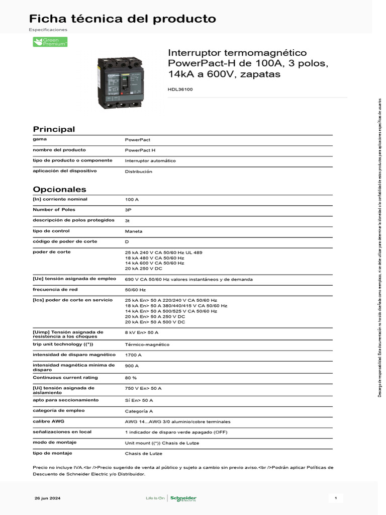 Interruptor Termomagnético PowerPact H 100A | PDF | Electromagnetismo ...