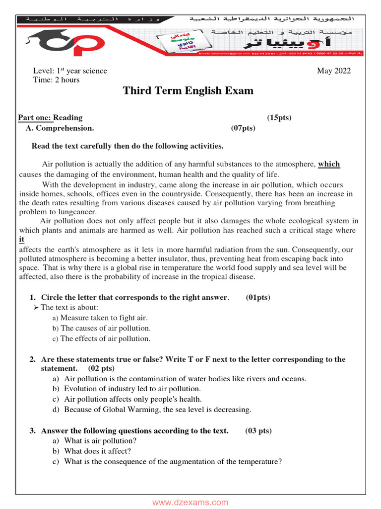Dzexams 1as Anglais 310558 | PDF | Atmosphere Of Earth | Pollution