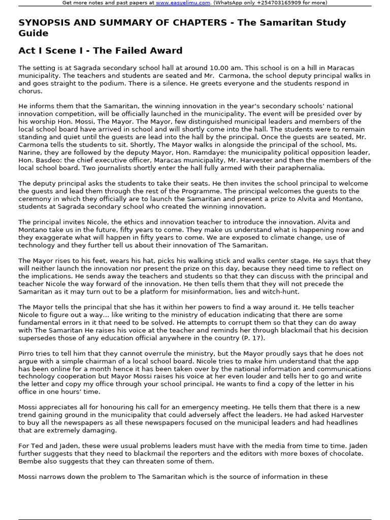 Synopsis and Summary of Chapters - The Samaritan Study Guide Act I ...