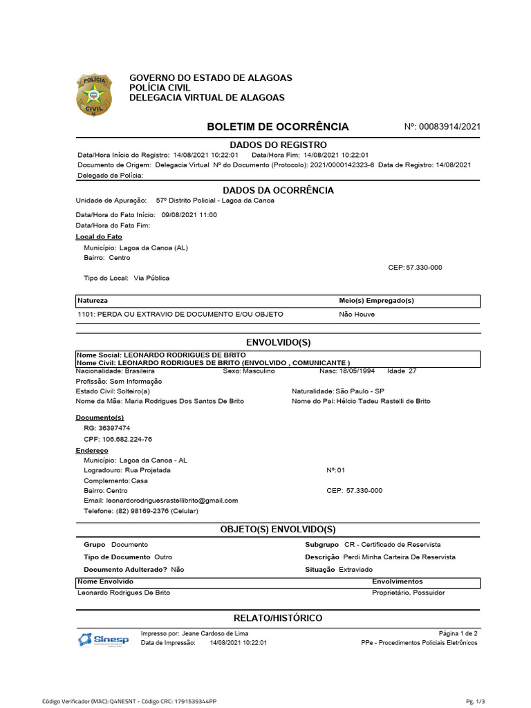 Boletim de Ocorrência: Governo Do Estado de Alagoas Delegacia Virtual ...