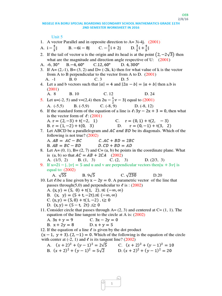 Grade 11 Math Vectors Worksheet 2016 | PDF | Euclidean Vector ...