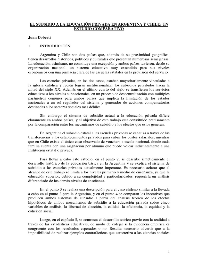 Doberti. El Subsidio A La Educación Privada en Argentina y Chile | PDF | Escuelas | Chile