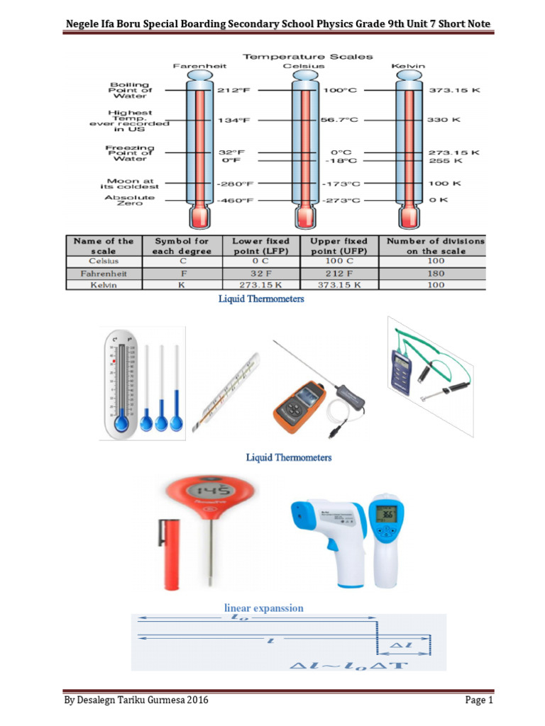 Physics g9 Unit 7 Shorte Note 2016 | PDF | Thermal Expansion | Thermometer