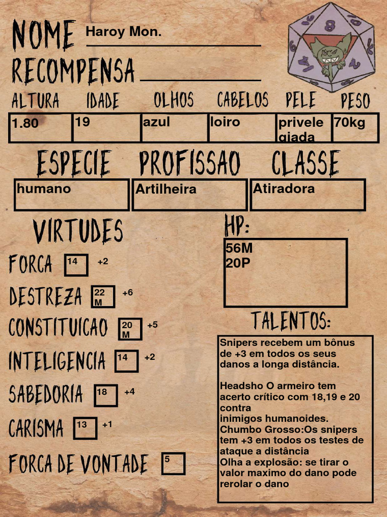 Perfil de Personagem: Haroy Mon, Atirador | PDF