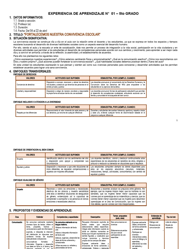 5° Grado - Experiencia de Aprendizaje N°01 | PDF | Decimal | Números