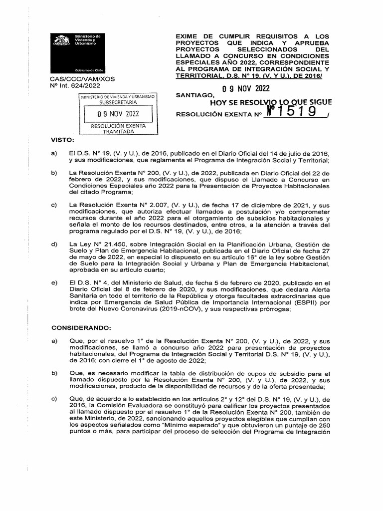 Res Ex Nro 1519 Exime y Aprueba Proy DS 19 Llam Esp Conc 2022 | PDF