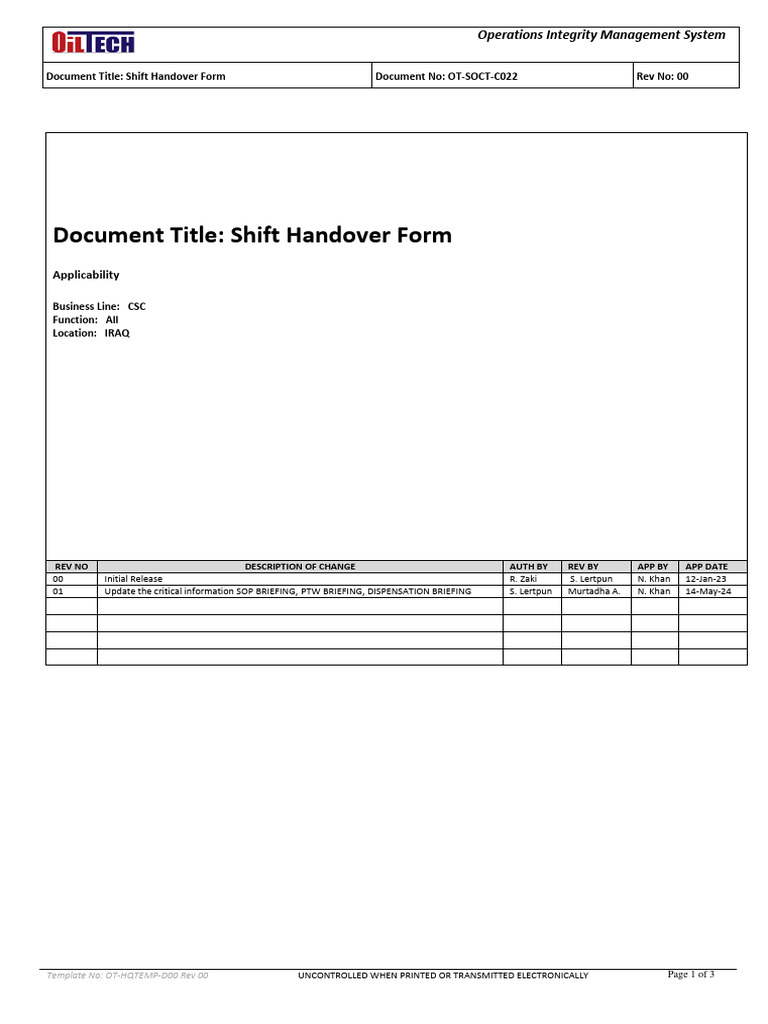 Shift Handover | PDF | Chemical Engineering | Gas Technologies