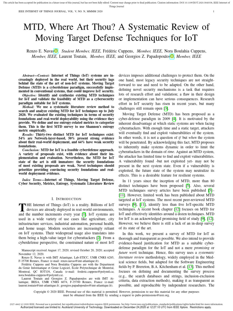 Systematic Literature Review-MTD-Tech-for-IoT - 2020 | PDF | Internet Of Things | Information