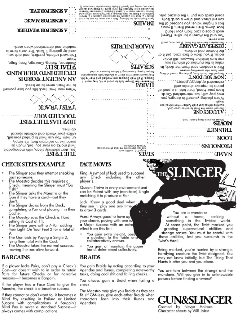 THE SLINGER Character & Reference Sheets - Trifold | PDF | Games Of Chance | Card Games