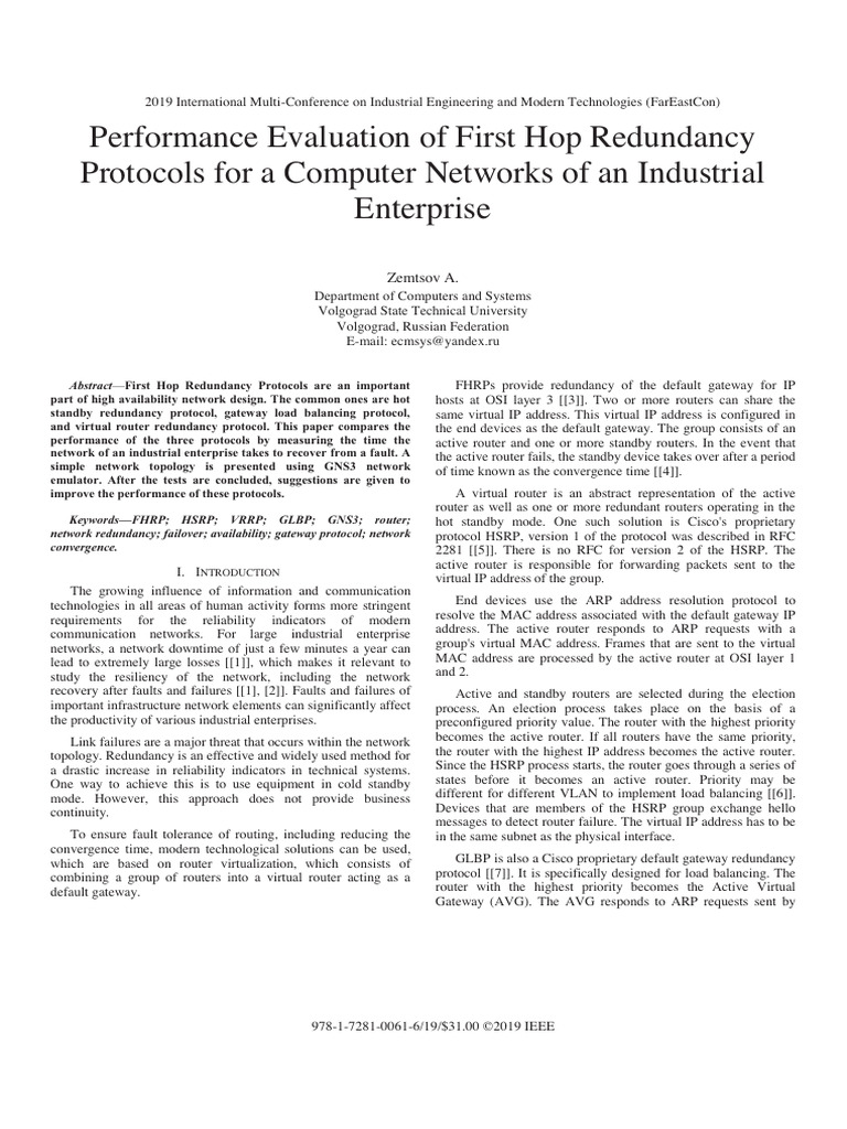 Performance Eval FHRP Enterptose Industrial Nets - 2019 | PDF | Computer Network | Router ...