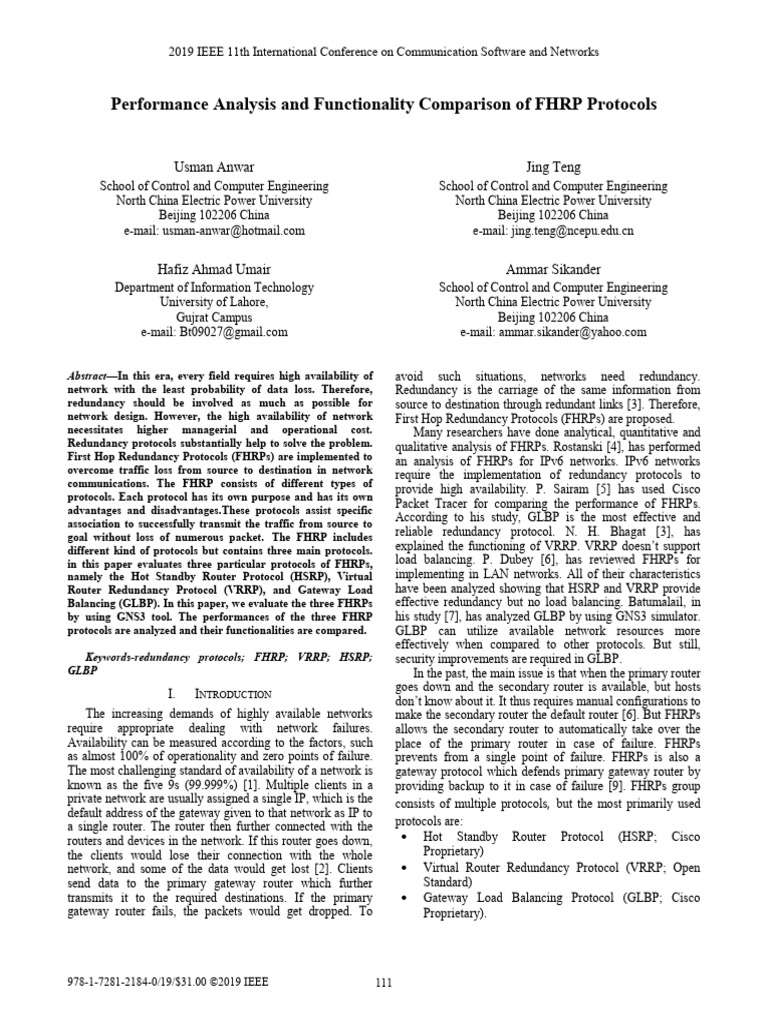 Performance Analysis and Functionality Comparison of FHRP Protocols_2019 | PDF | Router ...