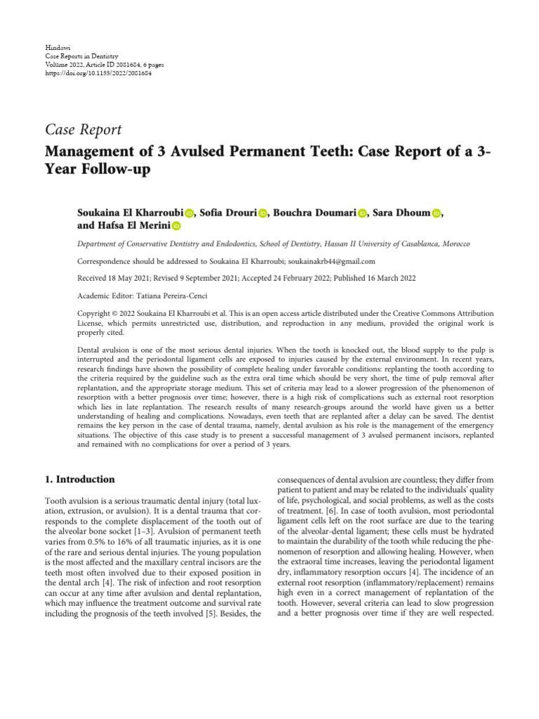 Management of 3 Avulsed Permanent Teeth Case Repor | PDF | Human Tooth ...