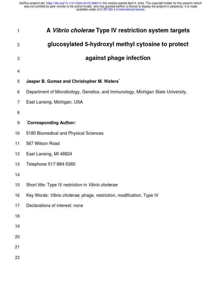 A Vibrio Cholerae Type Iv Restriction System Targe Pdf Bacteriophage Gene