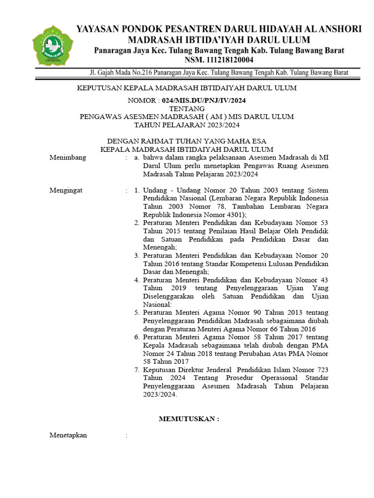 SK Pengawas AM Tahun 2024 | PDF