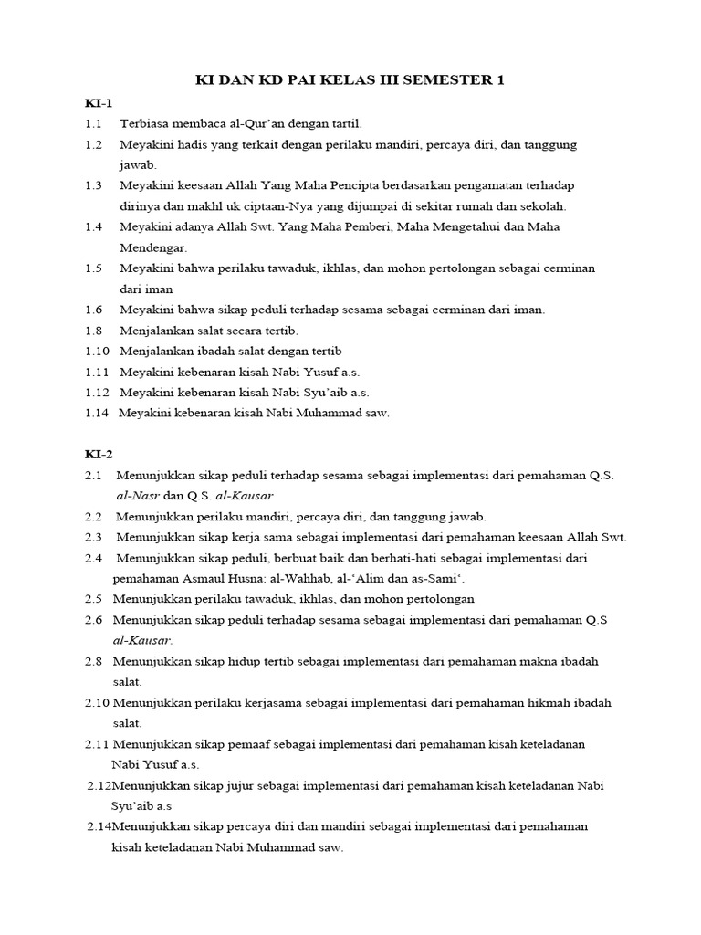 Ki Dan KD Pai Kelas 3 Semester 1 | PDF
